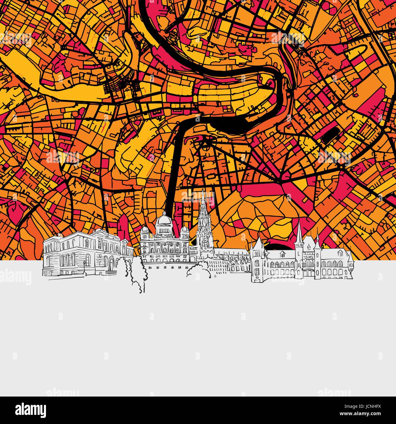 Bern Skyline Map, Modern Colourful Art Print with Historic Cityscape ...