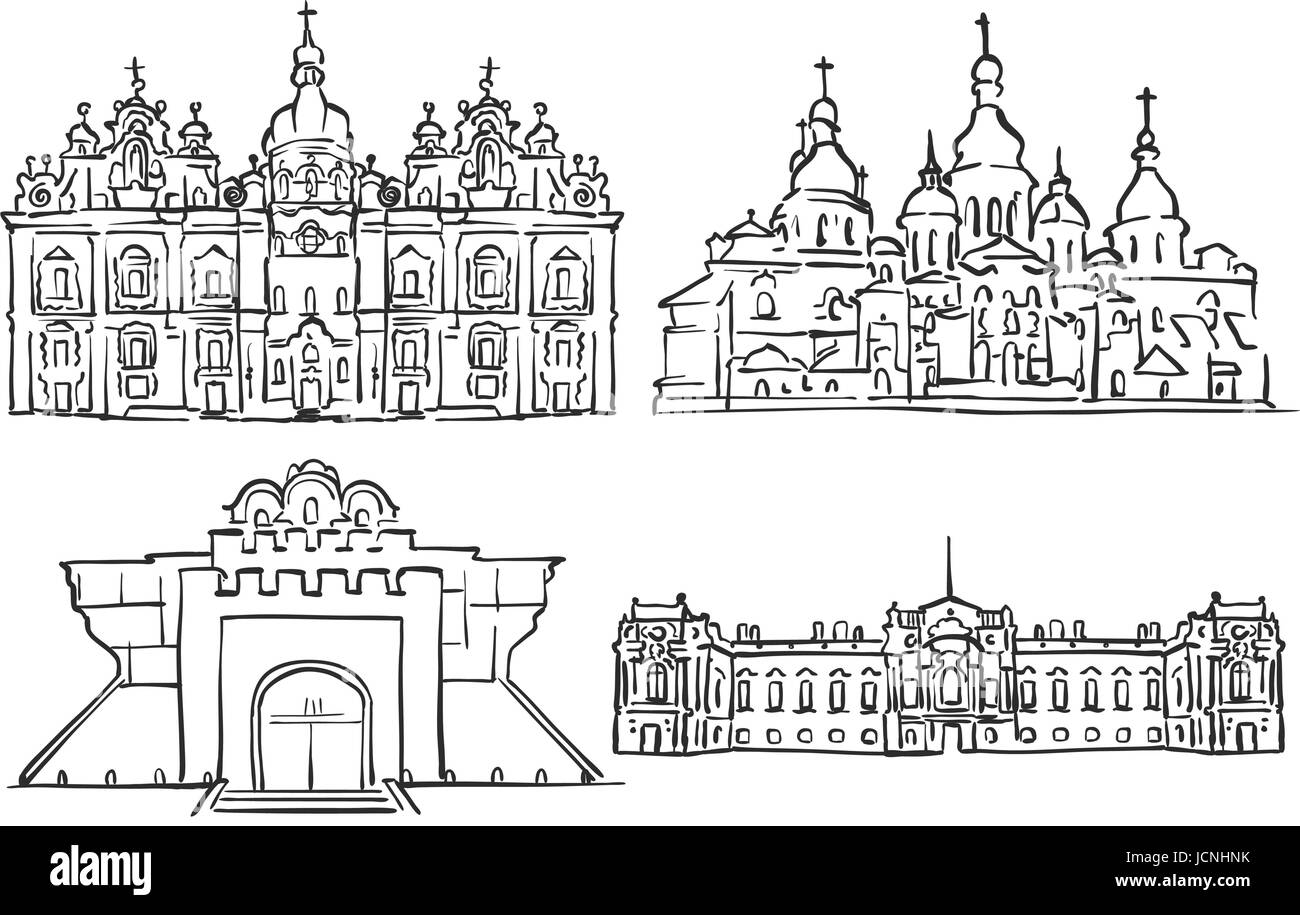 Kyiv, Ukraine, Famous Buildings, Monochrome Outlined Travel Landmarks ...