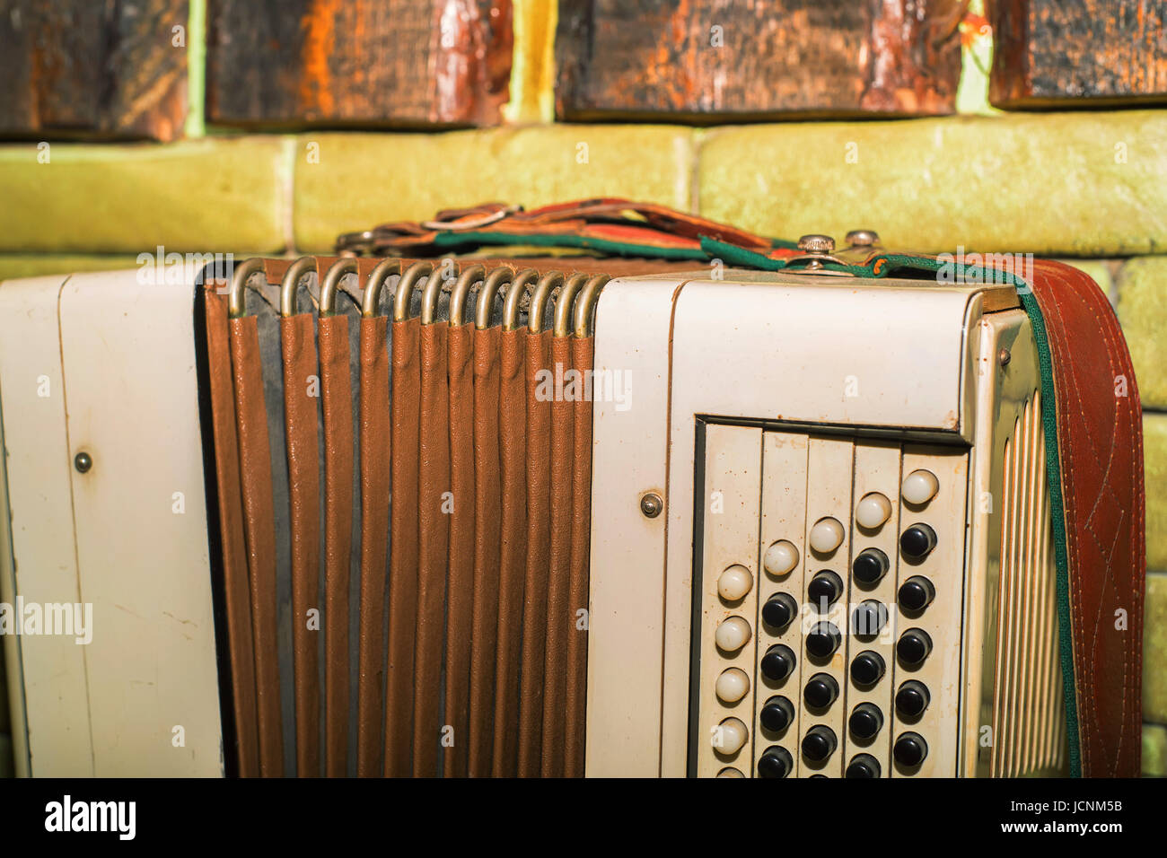 Close-up of old Russian traditional musical instrument bayan Stock ...