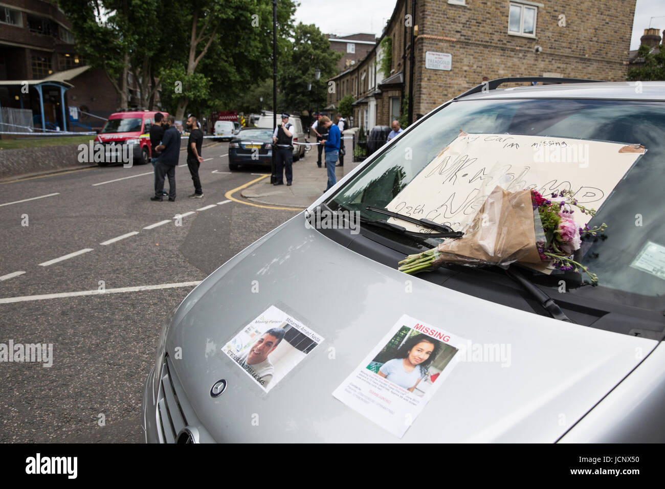 London, UK. 16th June, 2017. Missing person notices posted on a car ...