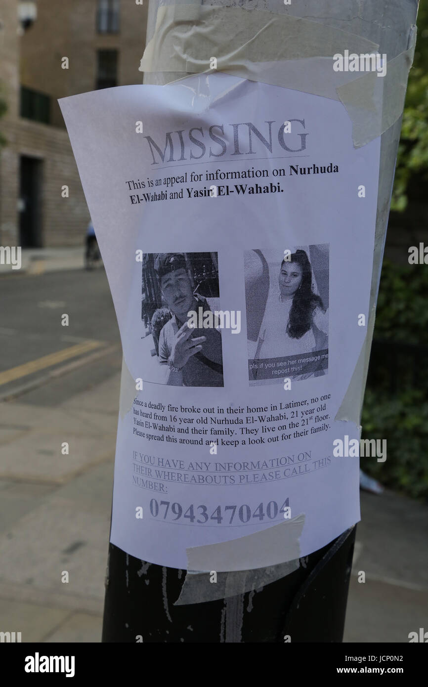London, UK. 16th June, 2017. Missing persons posters close to the scene ...