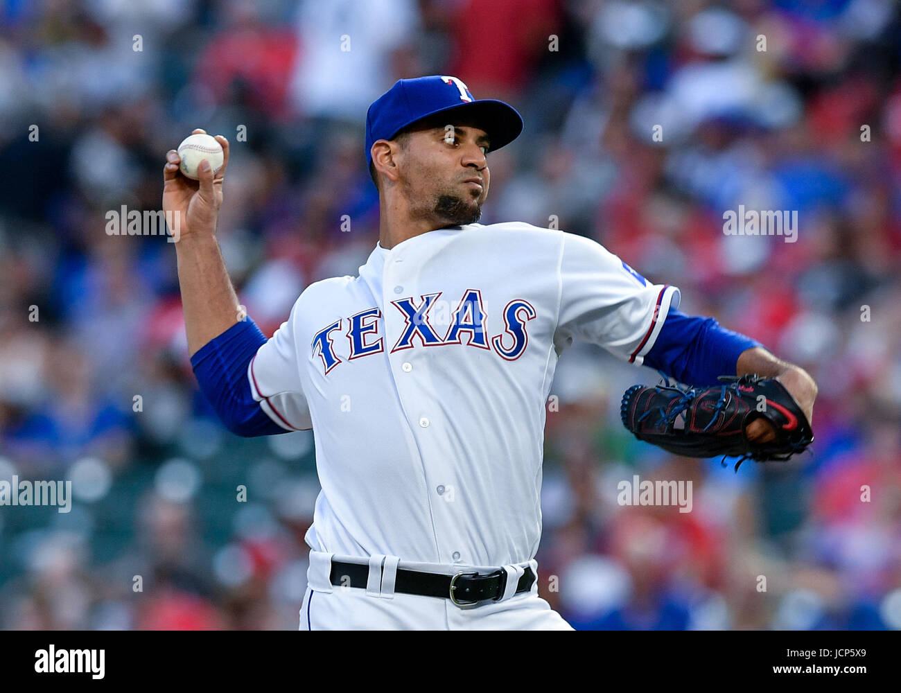 Arlington, Texas, USA. 16th June, 2017. Texas Rangers starting pitcher ...