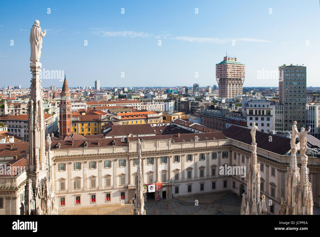 Aerial view of Milan with Royal Palace and Torre Velasca from Duomo ...