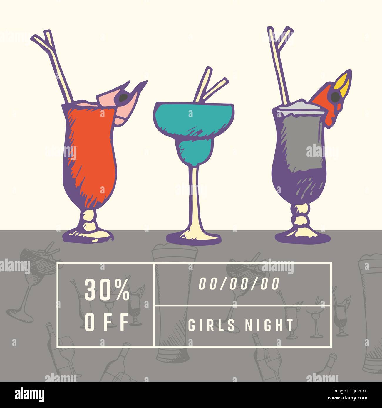 Greeting card with cocktail glasses and girls night text Stock Vector ...