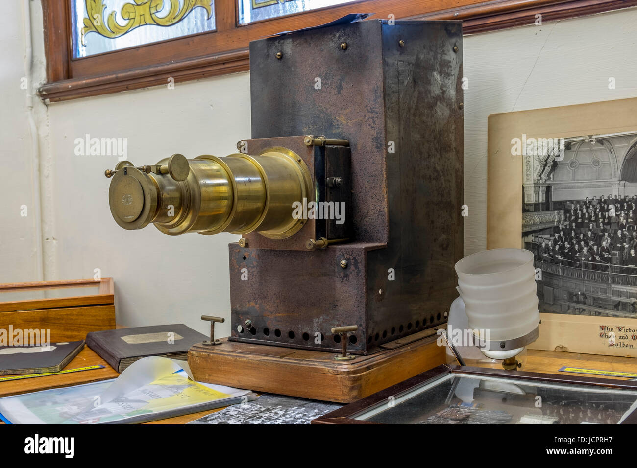 An old style metal magic lantern for showing photographic slides Stock ...