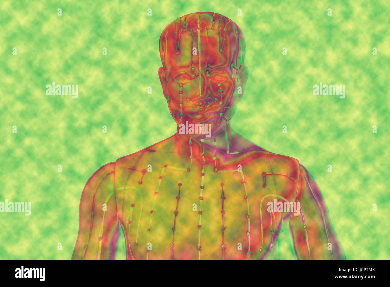 Medical acupuncture model of human on yellow background Stock Photo - Alamy