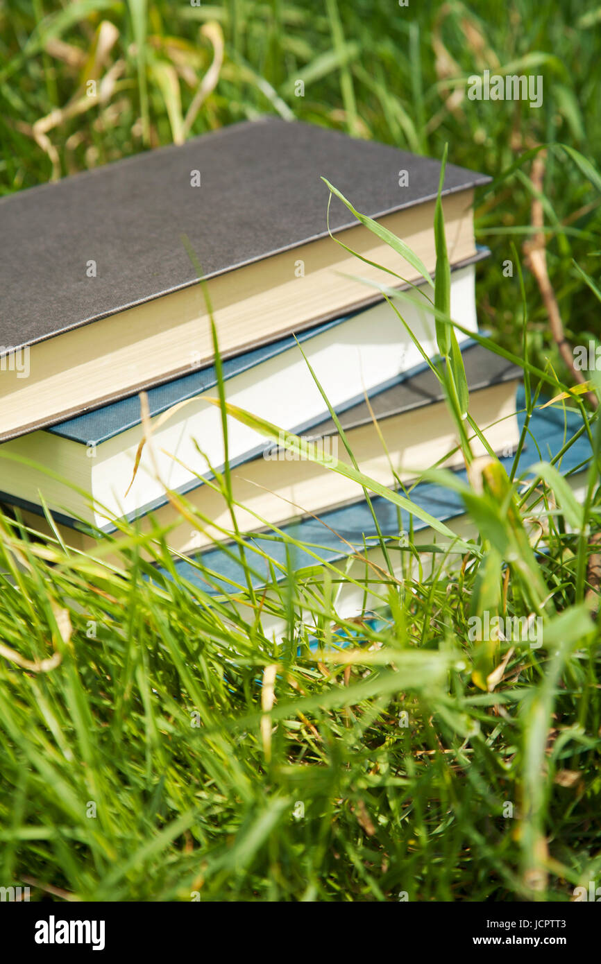 Pile of Books on Grass Stock Photo - Alamy