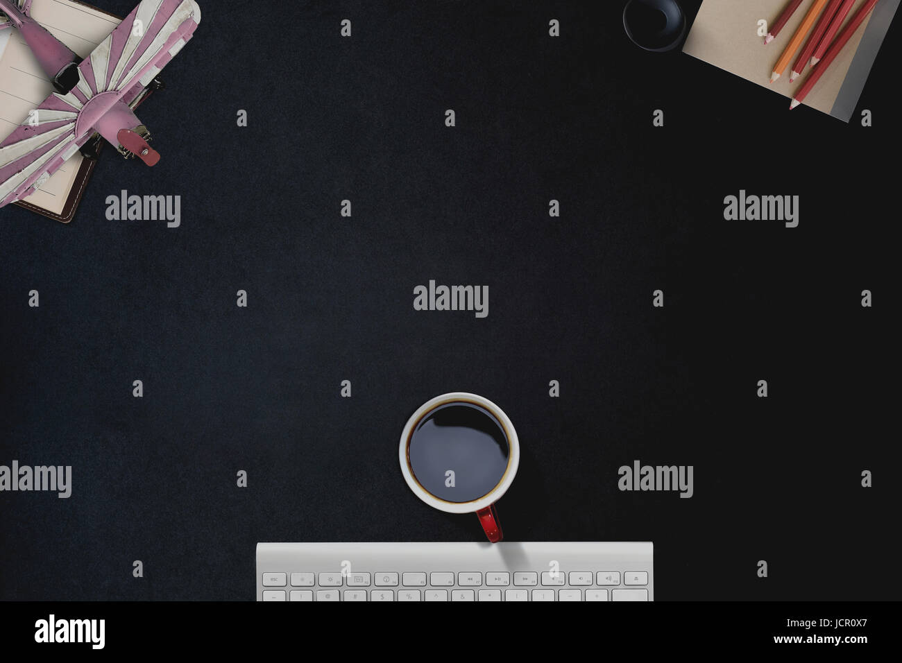 Workplace header image, Top view of Modern Desktop Computer on dark ...