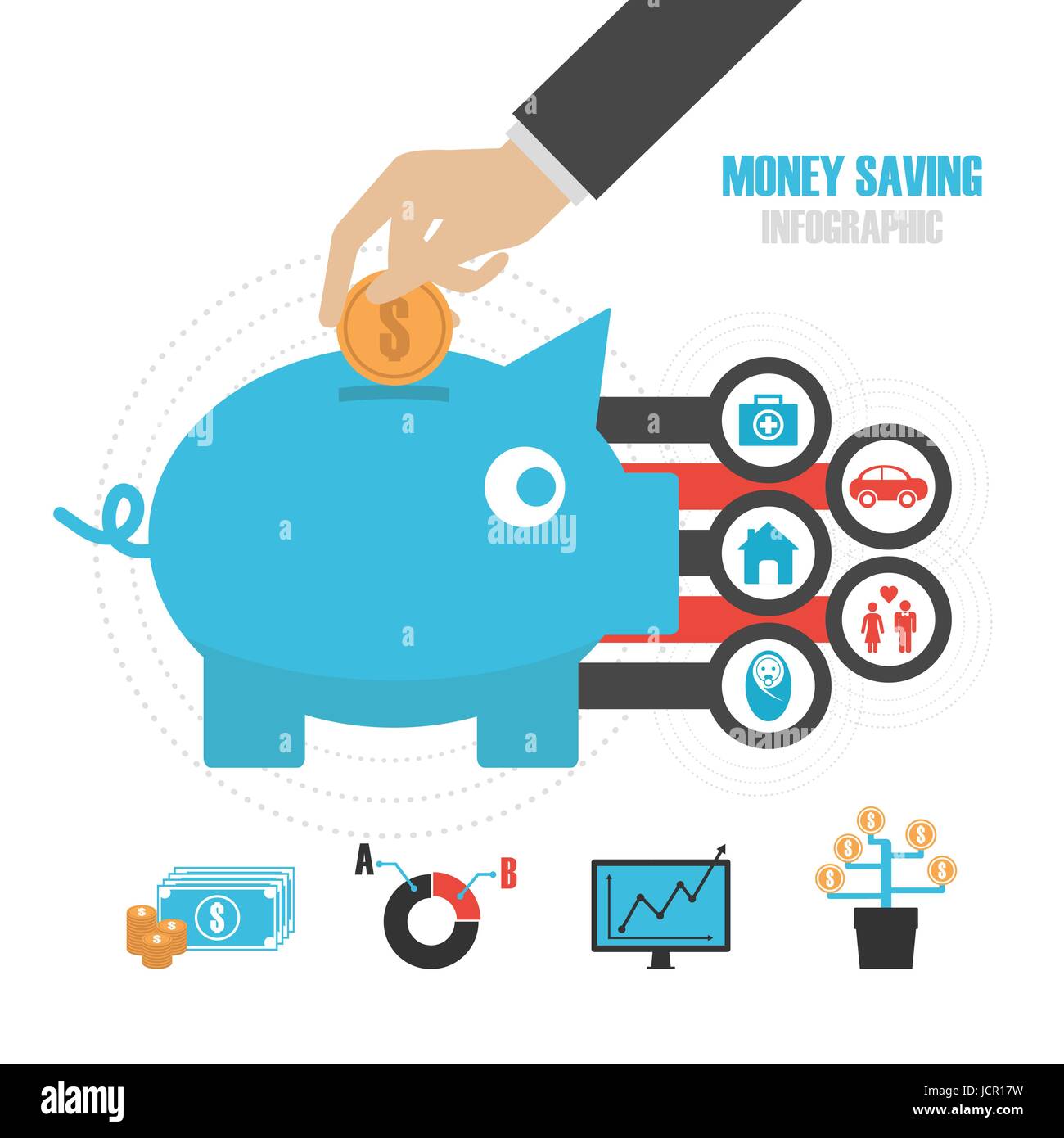 piggy bank with icon, money saving reason, isolated on white background ...