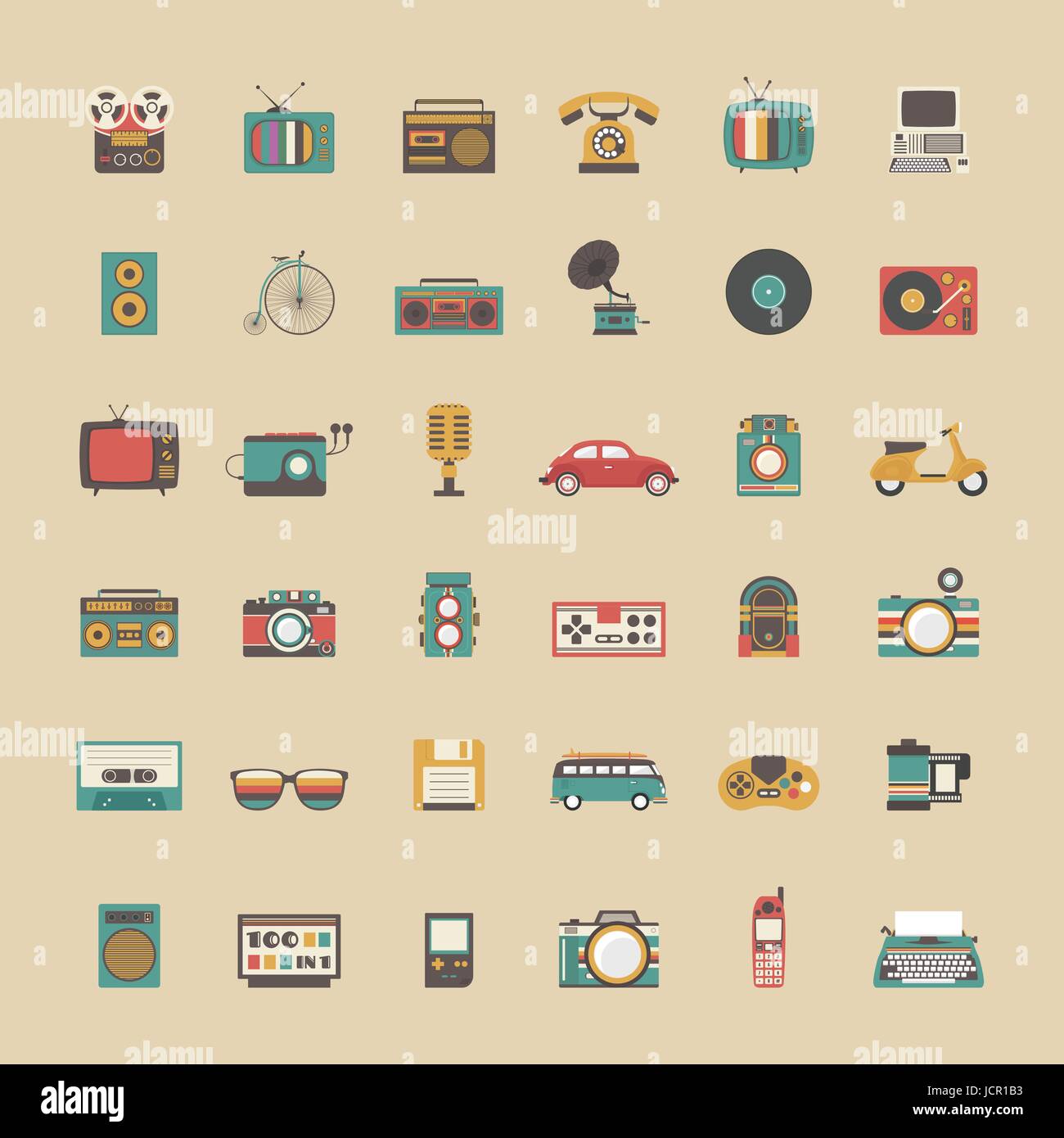 all retro icon set, music, vehicle, game and other technology, pastel ...