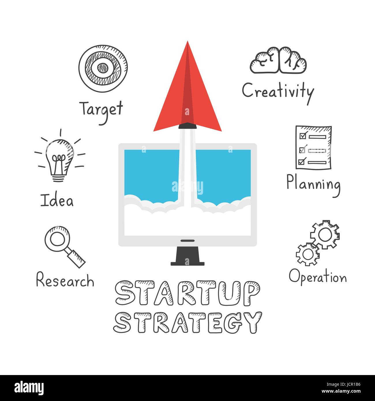 startup strategy, paper plane rocket flying to space with freehand icon ...