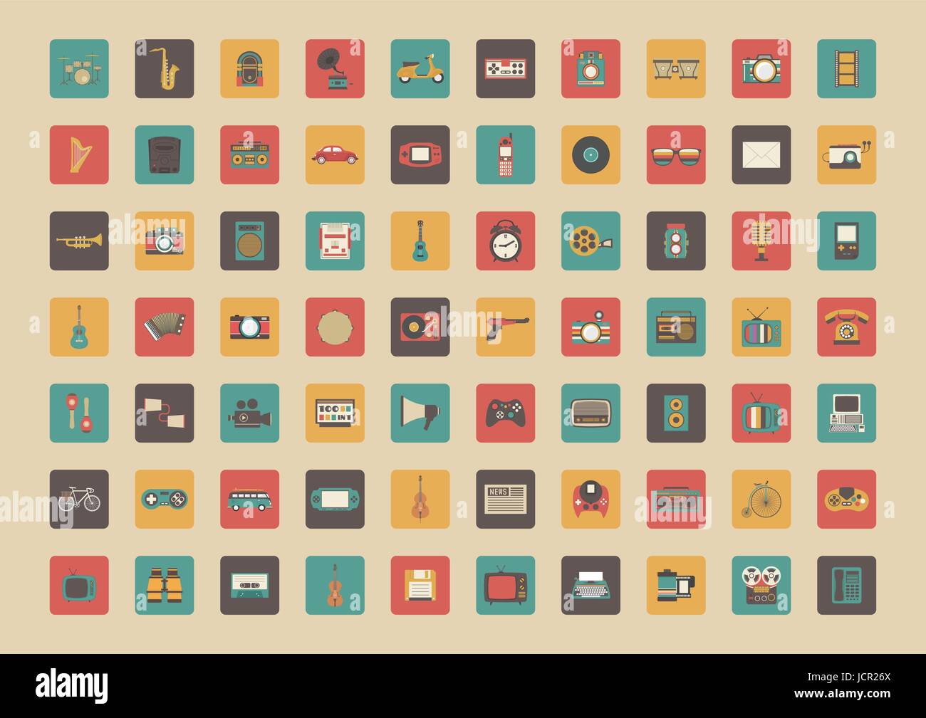 all retro icon set, music, vehicle, game and other technology, pastel ...