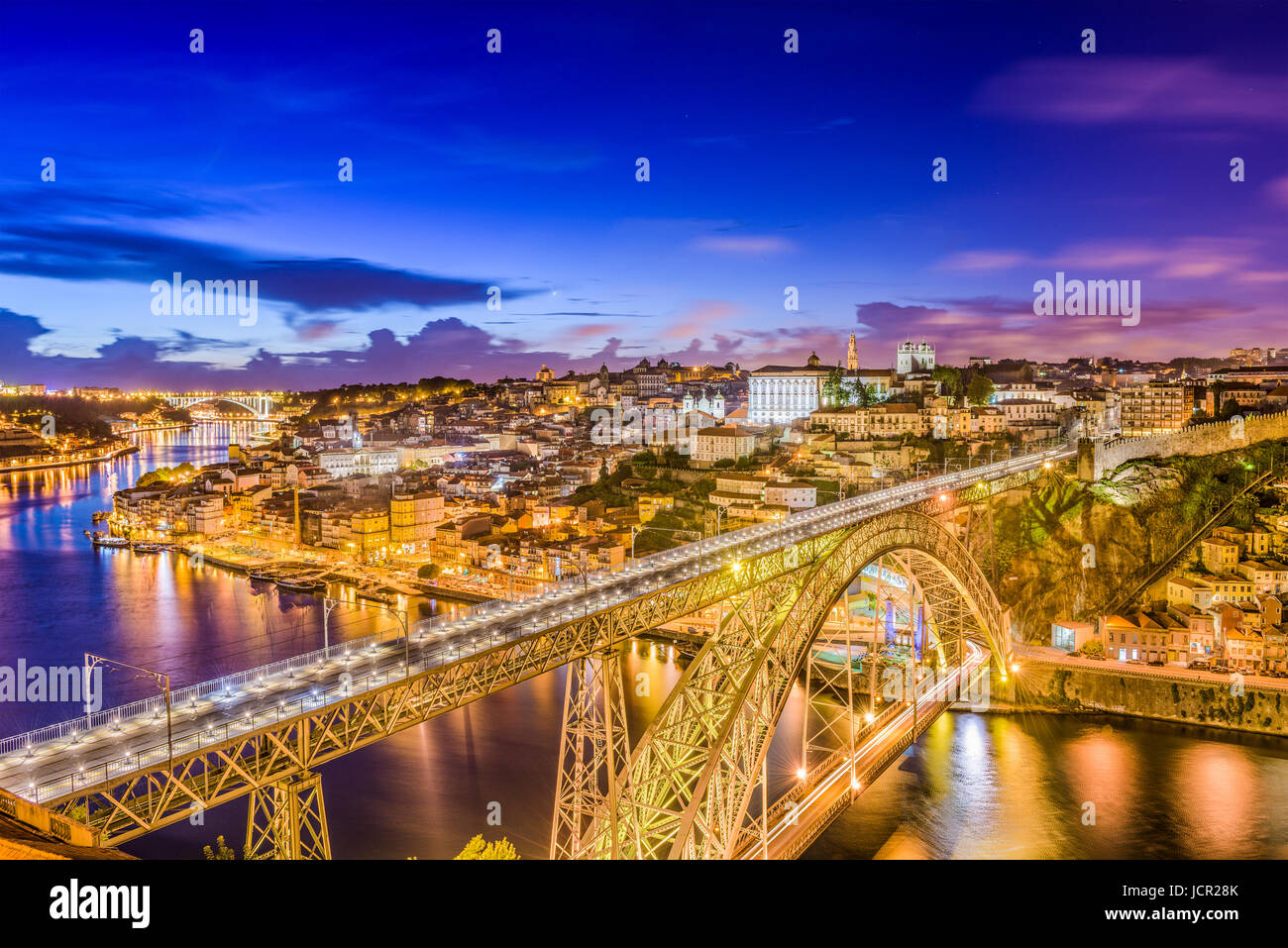 Porto, Portugal Skyline over Dom Luis I Bridge and Douro River Stock ...