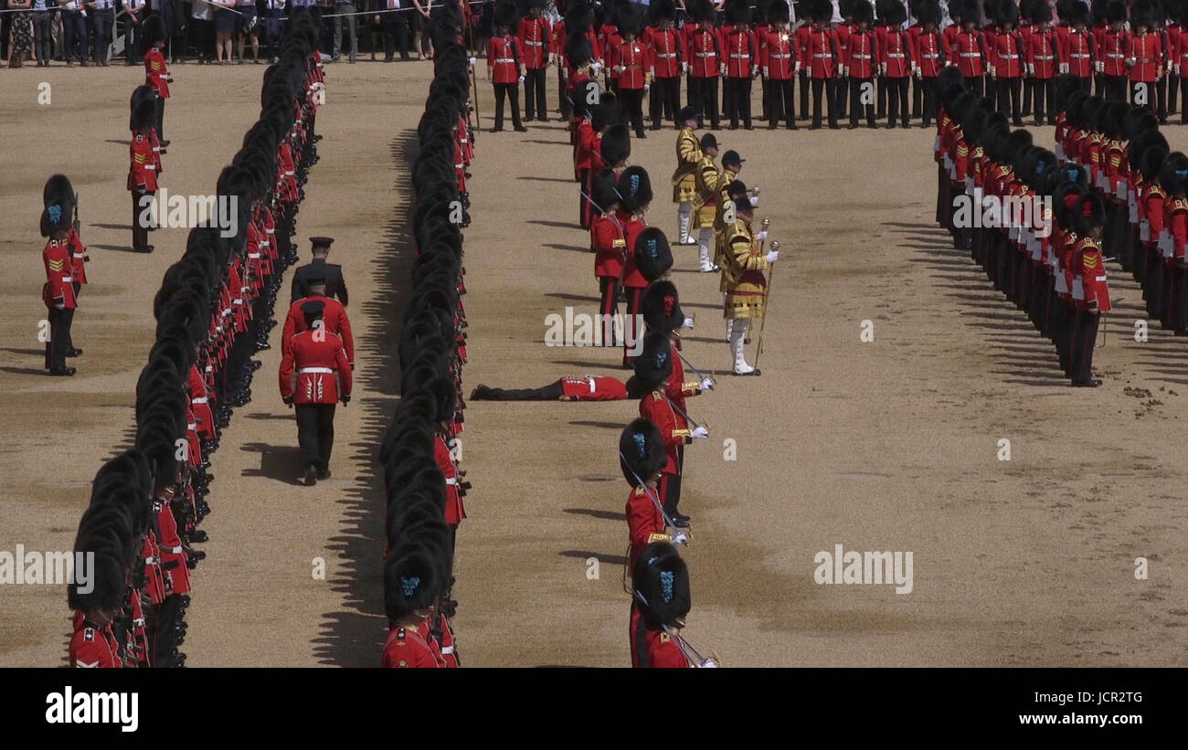 A Guardsman lies prone after fainting during the Trooping the Colour ...