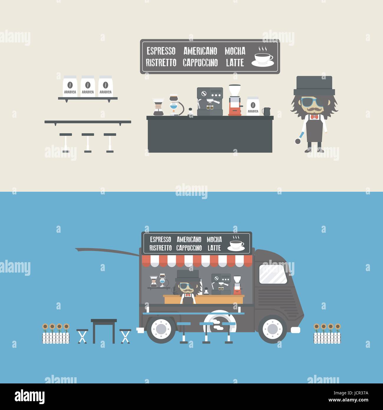 Mobile coffee van and coffee shop, pastel, flat style Stock Vector ...