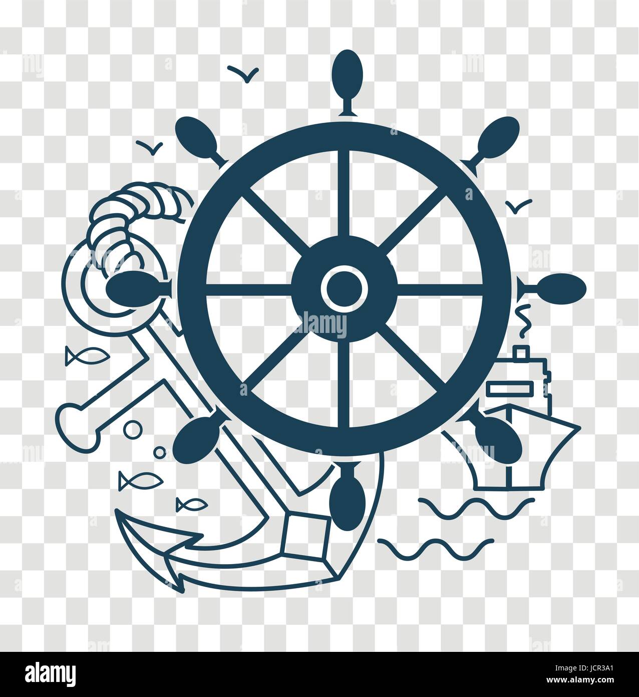 silhouette of travel, sea cruise in the form of sea rudder, anchor ...