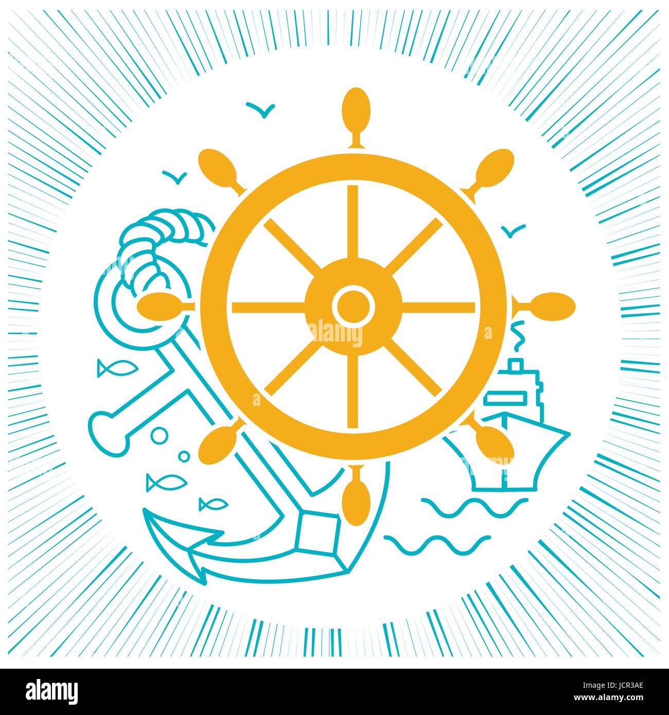 concept of travel, sea cruise in the form of sea rudder, anchor, ship ...