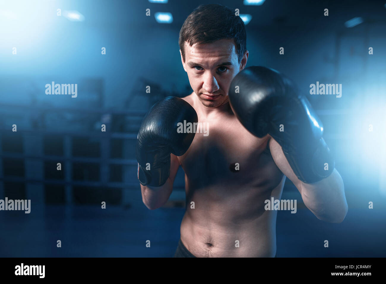 Portrait of muscular boxer in black gloves. Boxing workout, mens sport ...
