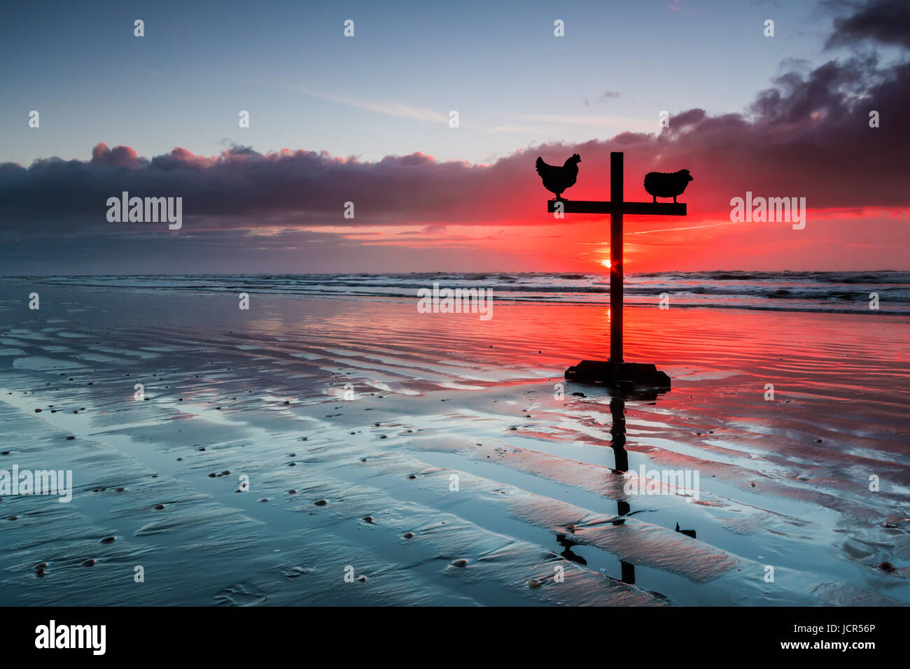 Cross on a beach with a sheep and rooster on the cross Stock Photo - Alamy