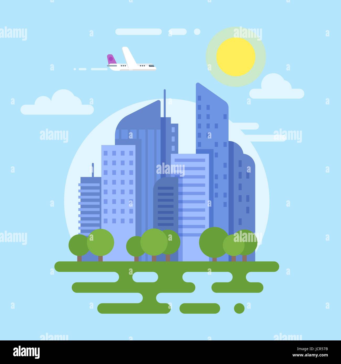 Vector flat style illustration of modern city. Plane and buildings ...