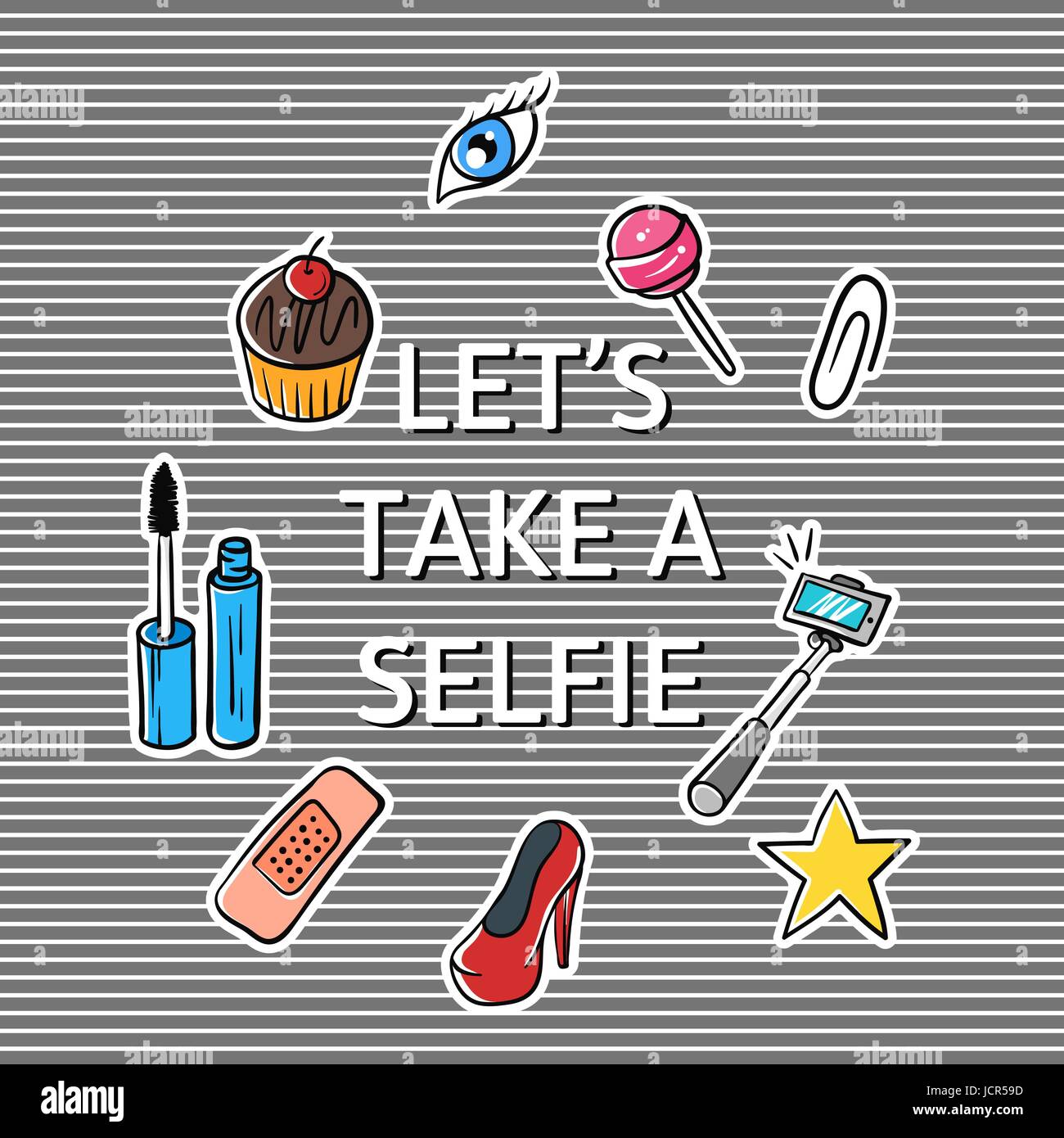 Vector illustration of slogan "Let's take a selfie" with fashion patch ...