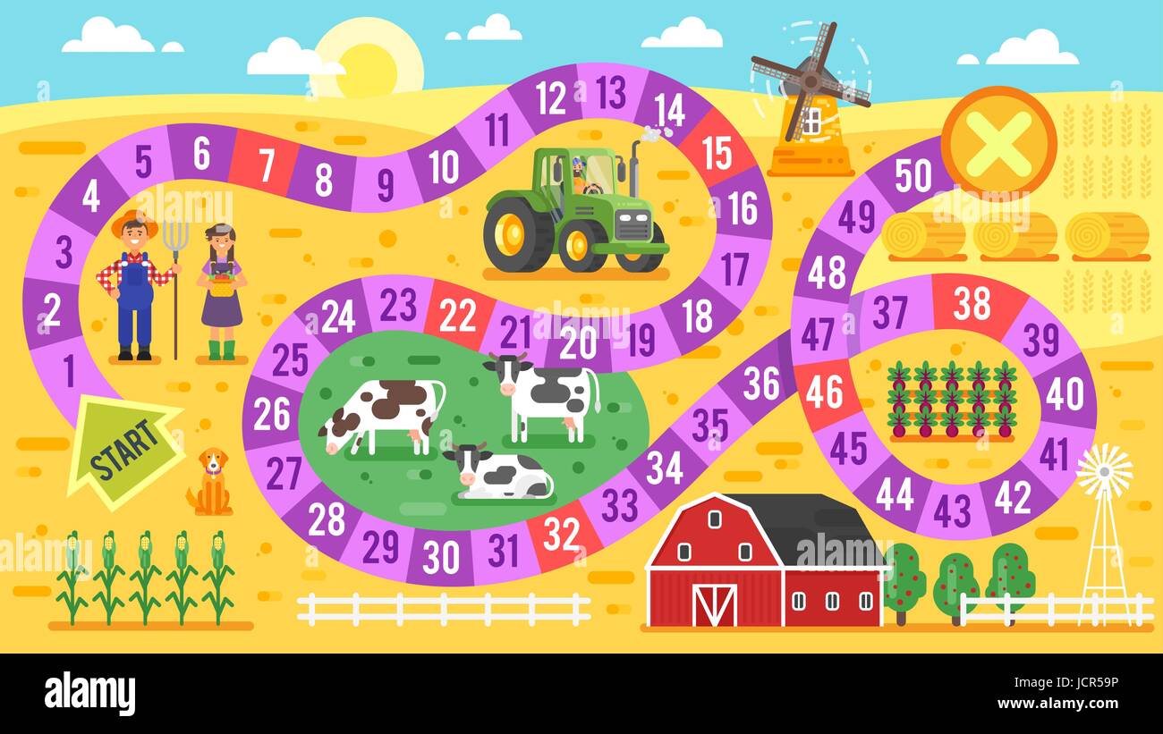 Vector flat style illustration of kids farm board game template. For ...
