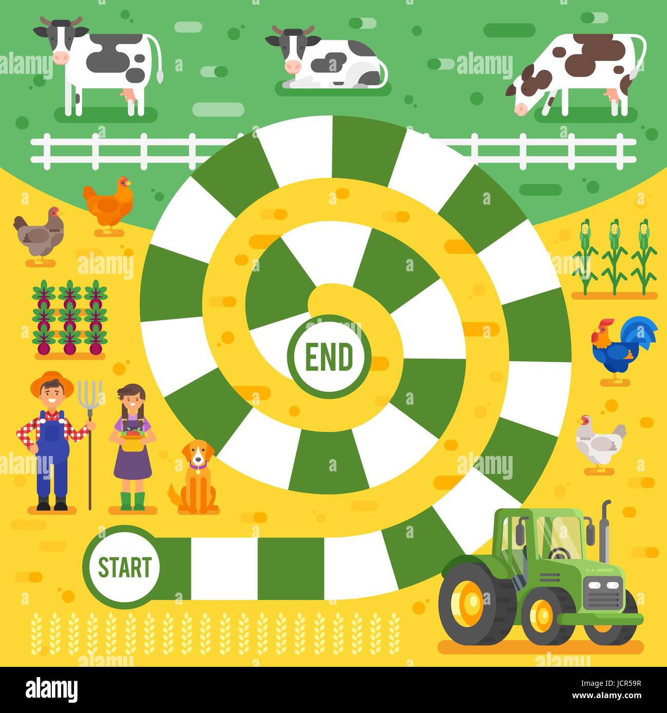 Vector flat style illustration of kids farm board game template. For ...