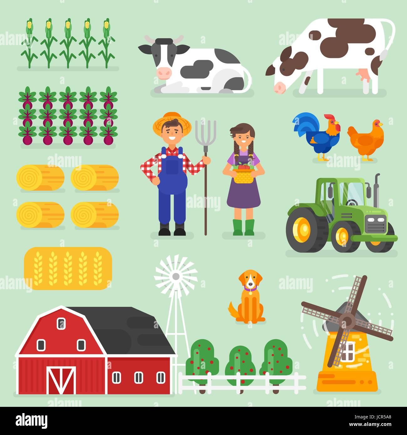 Vector flat style farming set. Farmers, cows and chickens. Isolated on ...