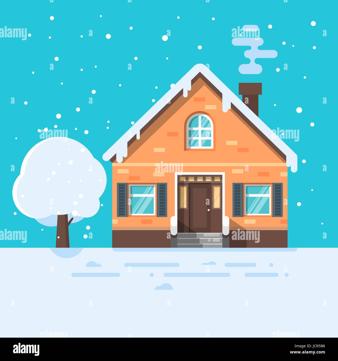 Vector flat style illustration of winter house with tree. Icon for web ...