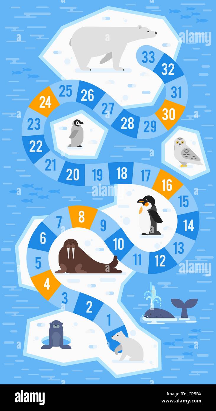 Vector flat style illustration of kids arctic animals board game ...