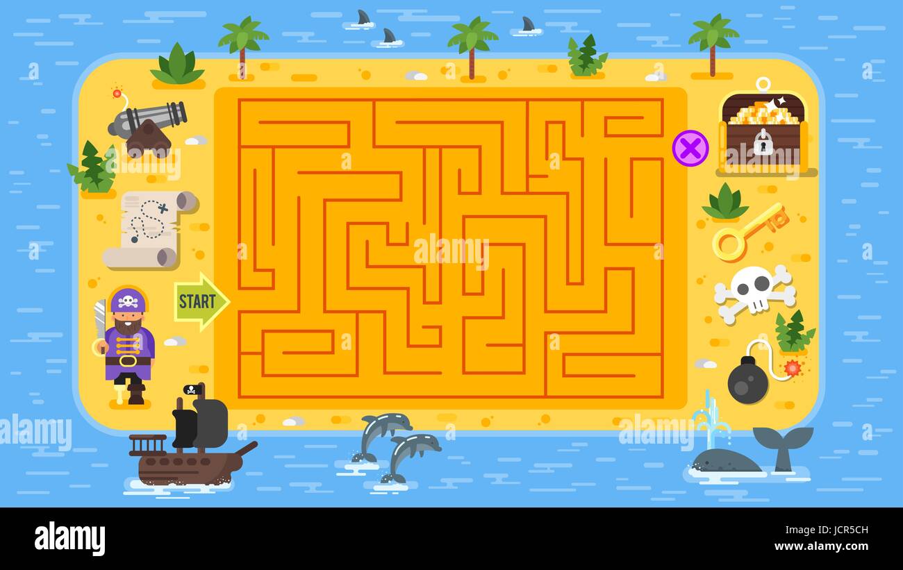 Vector flat style illustration of kids pirate board game template. For ...