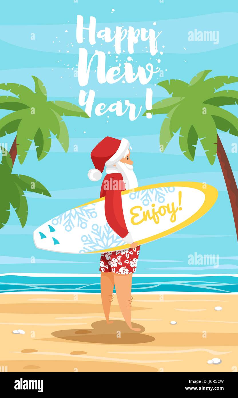Vector cartoon style illustration of Santa surfer. Holiday Christmas ...