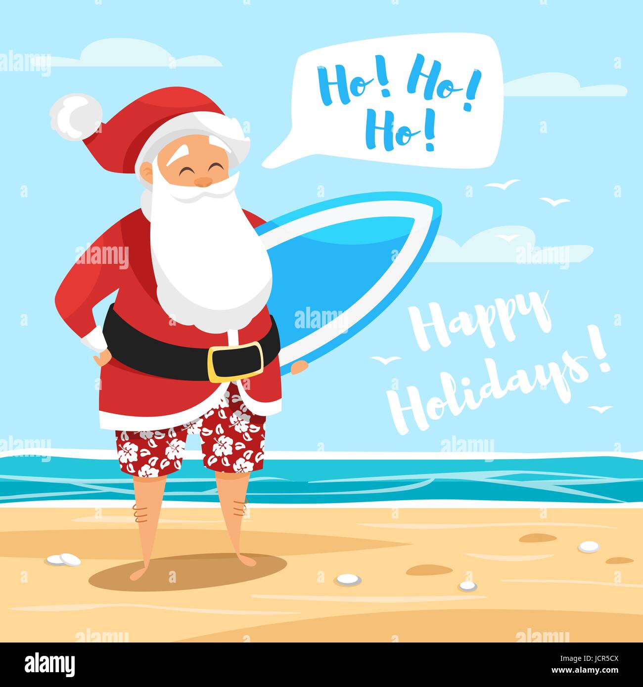 Vector cartoon style illustration of Santa surfer. Holiday greeting ...