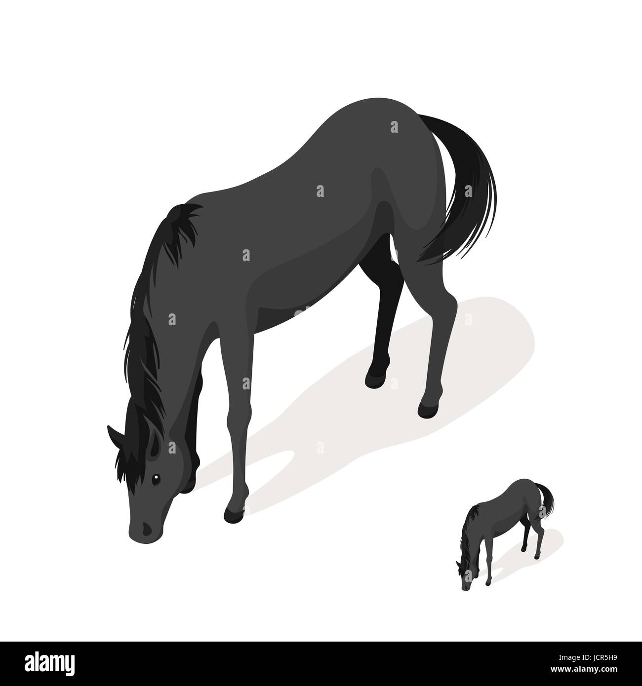 Isometric 3d vector illustration of large and small black horses. Icon ...