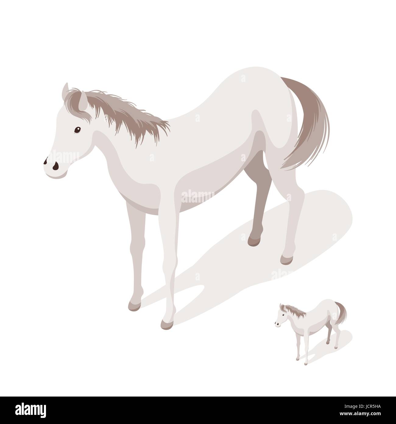 Isometric 3d vector illustration of large and small white horses. Icon ...