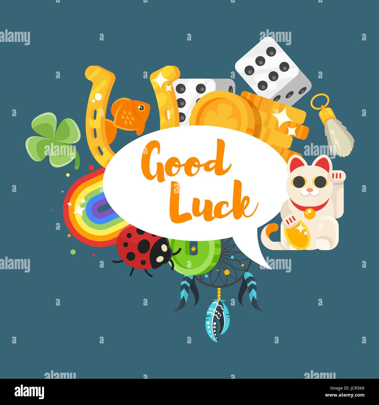 Vector flat style set of luck objects. Coin, clover, rainbow. Icon for ...