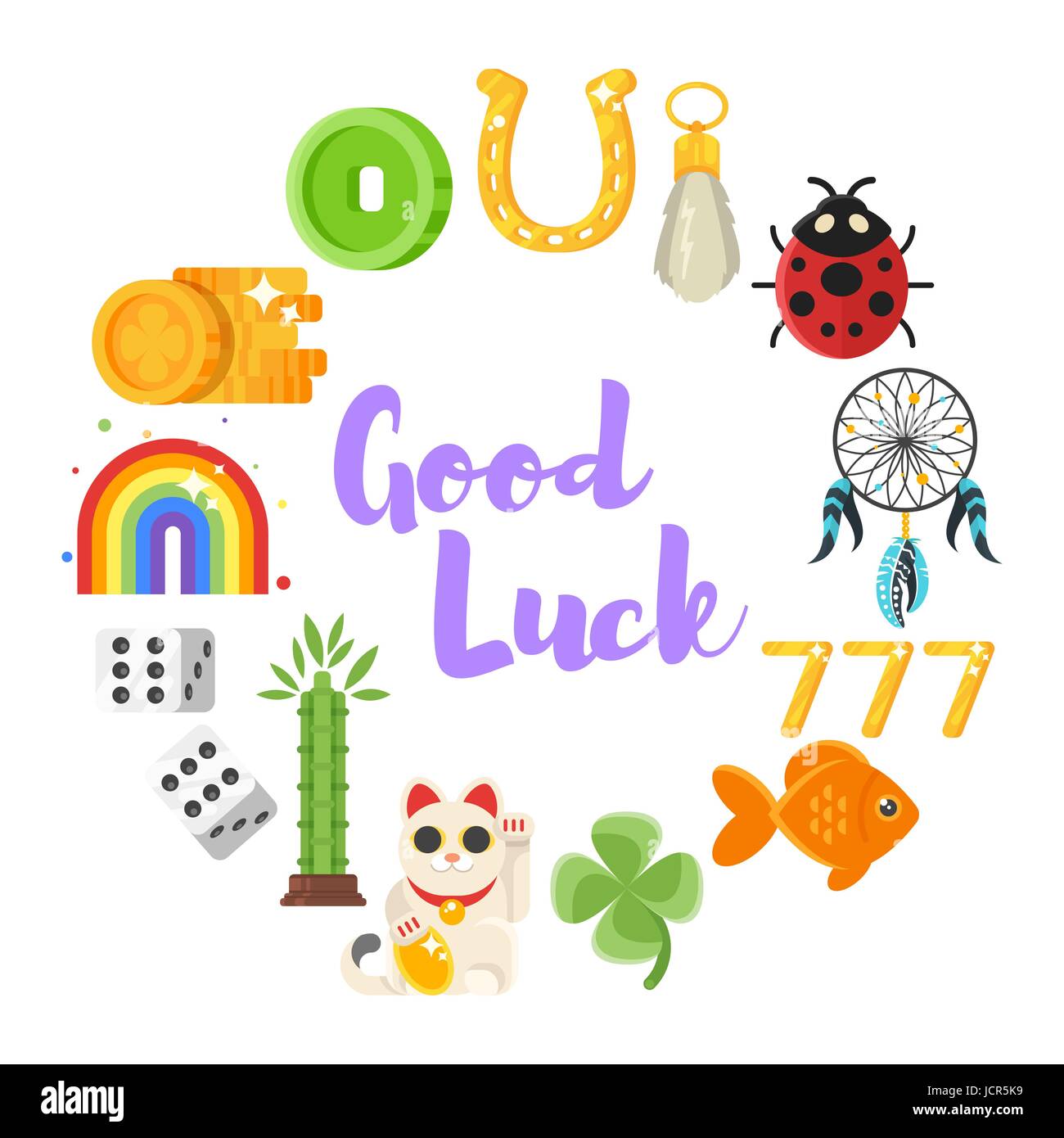 Vector flat style set of luck objects. Coin, clover, rainbow. Icon for ...