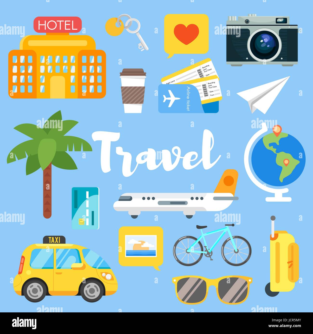 Vector flat style set of travel objects. Car, aircraft, bicycle ...
