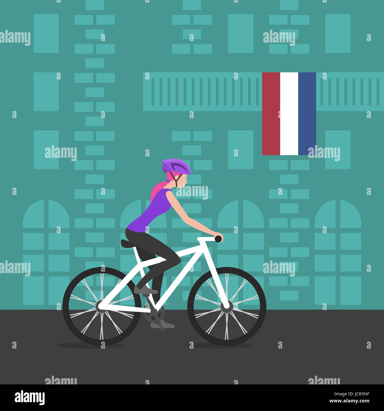 Vector illustration of cyclist girl on bike that rides through the city ...