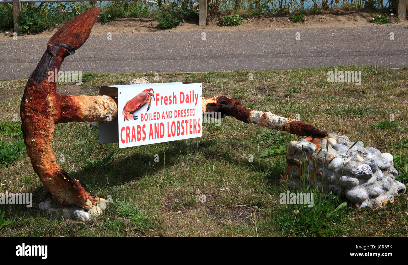 A rusty anchor advertising crab and lobster, Overstrand, Norfolk ...
