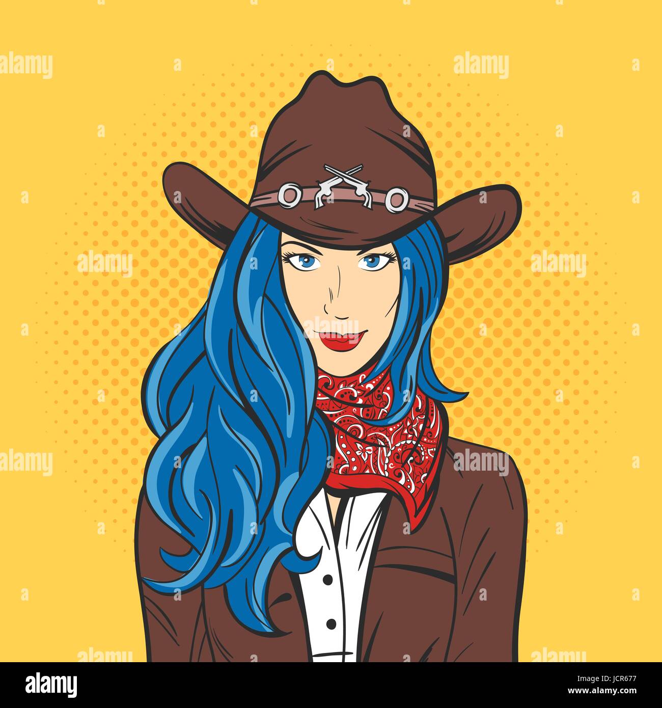 Vector illustration of young pretty girl in cowboy hat. Pop art style ...