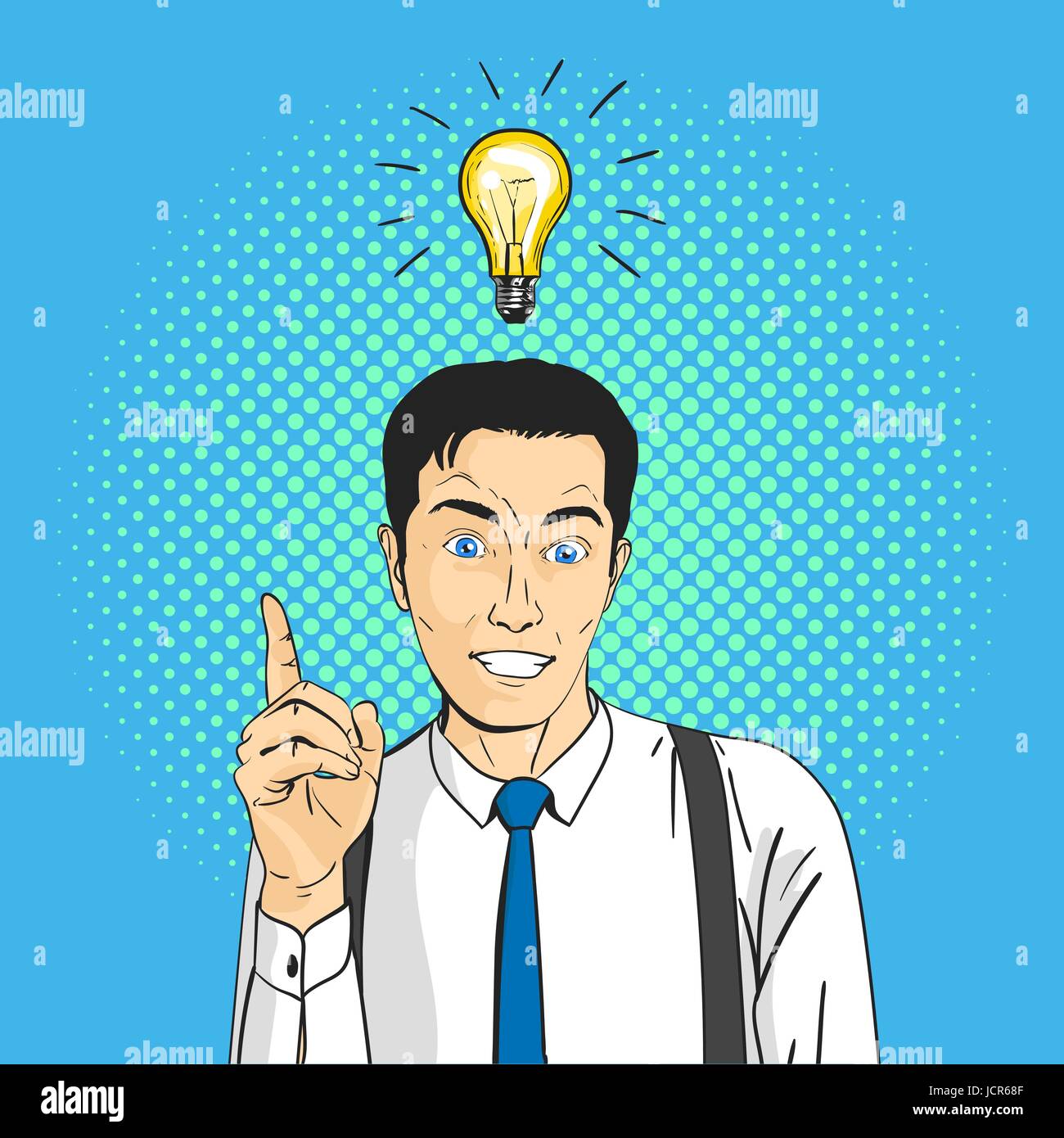 Vector illustration of pop art comic happy smiling businessman. Light ...