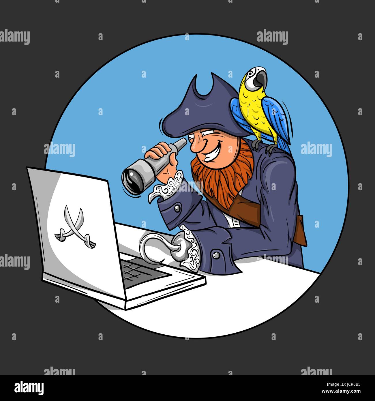 Vector illustration of pirate sitting in front of the computer looking ...