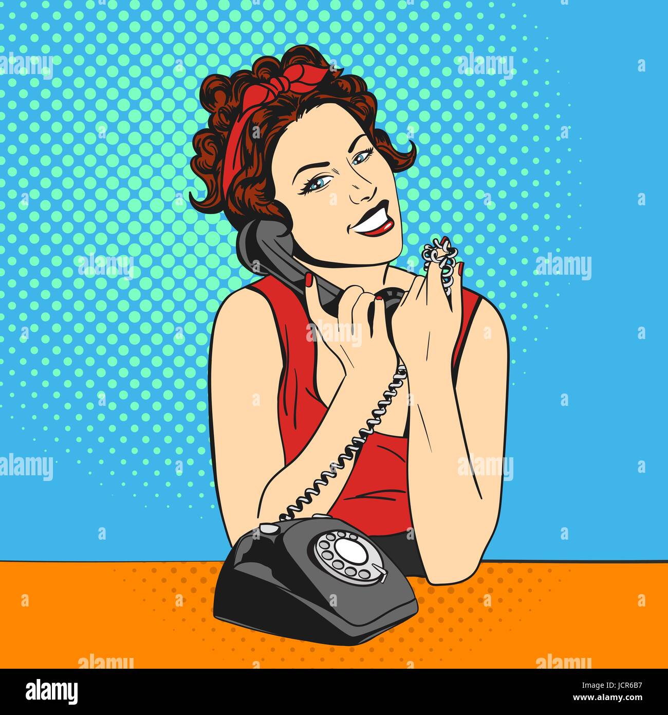 Vector Illustration Of Pop Art Beautiful Young Woman With Telephone