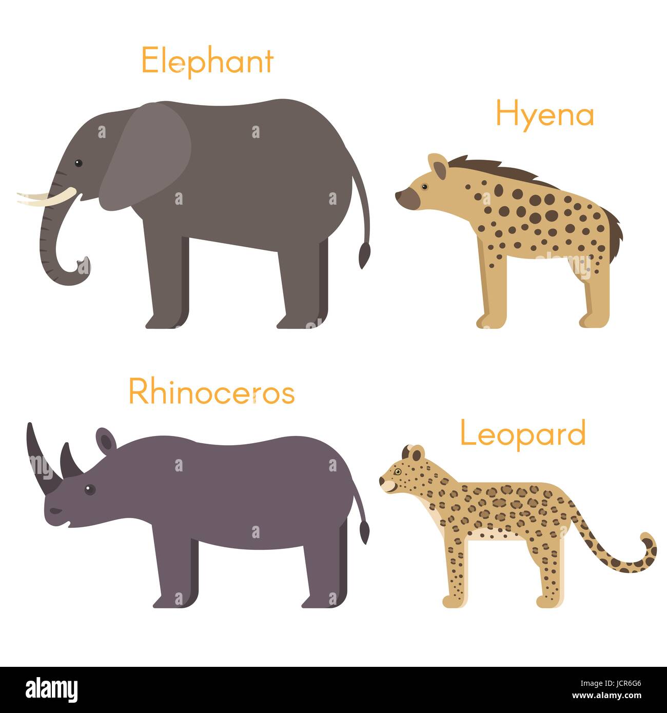 Vector illustration of animals: elephant, hyena, rhinoceros, leopard ...