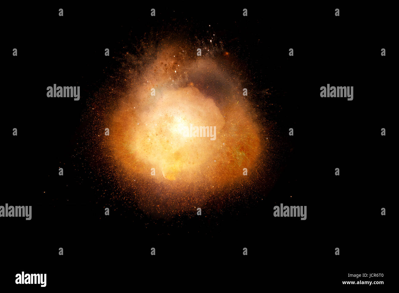 Huge, extremely hot explosion with sparks and hot smoke, against black ...