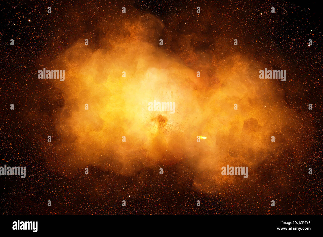 Huge, extremely hot explosion with sparks and hot smoke, against black ...