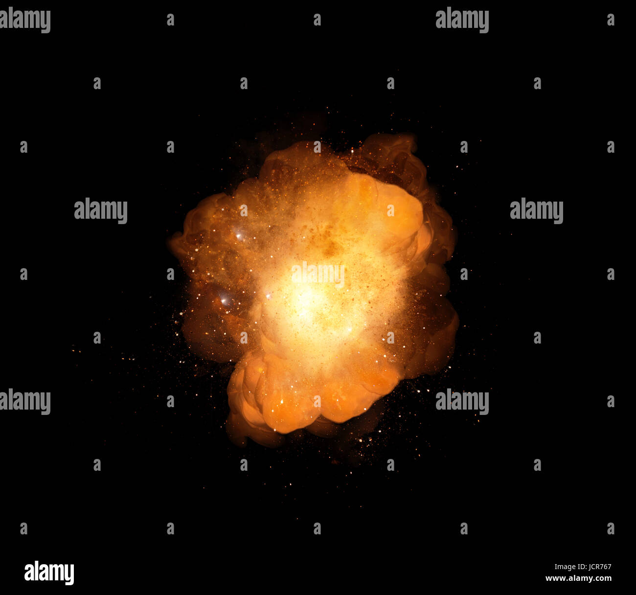 Huge, extremely hot explosion with sparks and hot smoke, against black ...