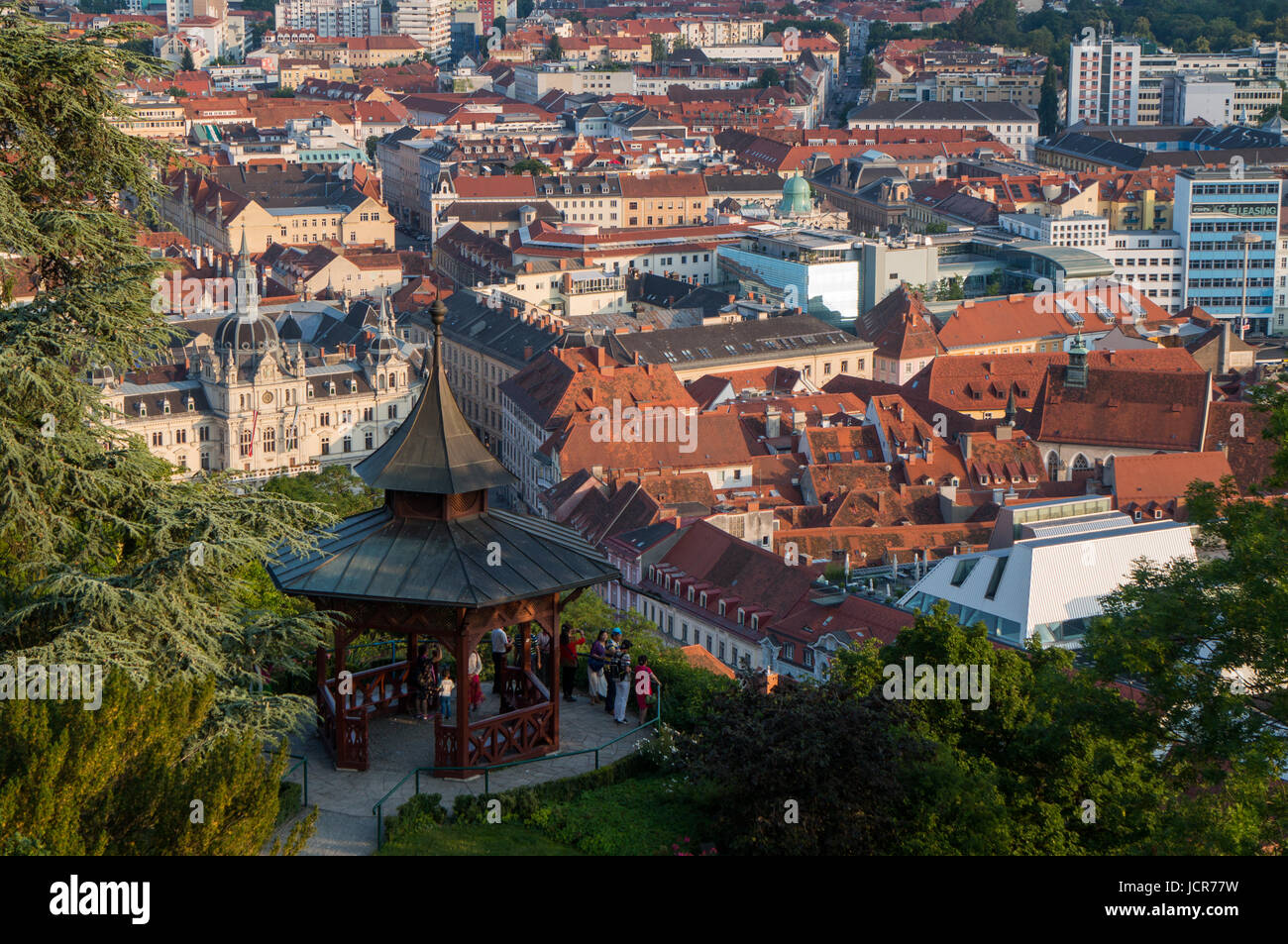 Graz, Austria - June 15th 2017: Tourists at a viewpoint overlooking the ...