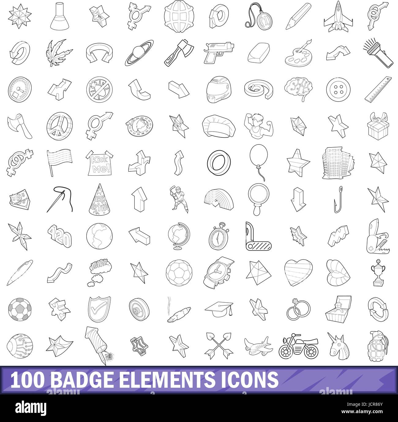 100 badge elements icons set, outline style Stock Vector Image & Art ...